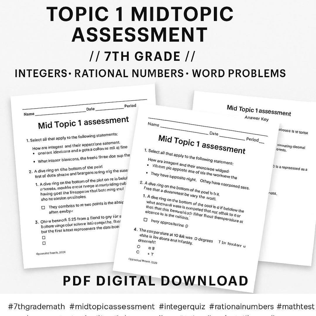 Topic 1 Midtopic Assessment for Grade 7 Integers Rational Numbers Word ...