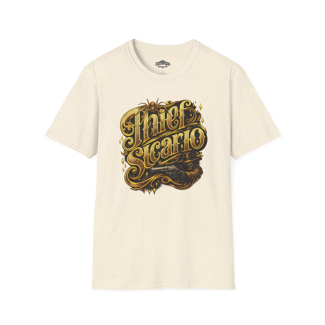 Thief Scario Lettering T-shirt | Vintage Gold Script, Ornate Skull ...
