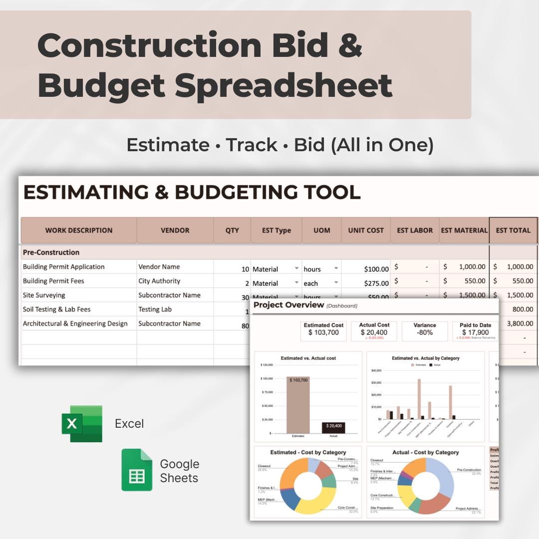Construction Estimate Spreadsheet | Job Cost & Quote Template (excel ...