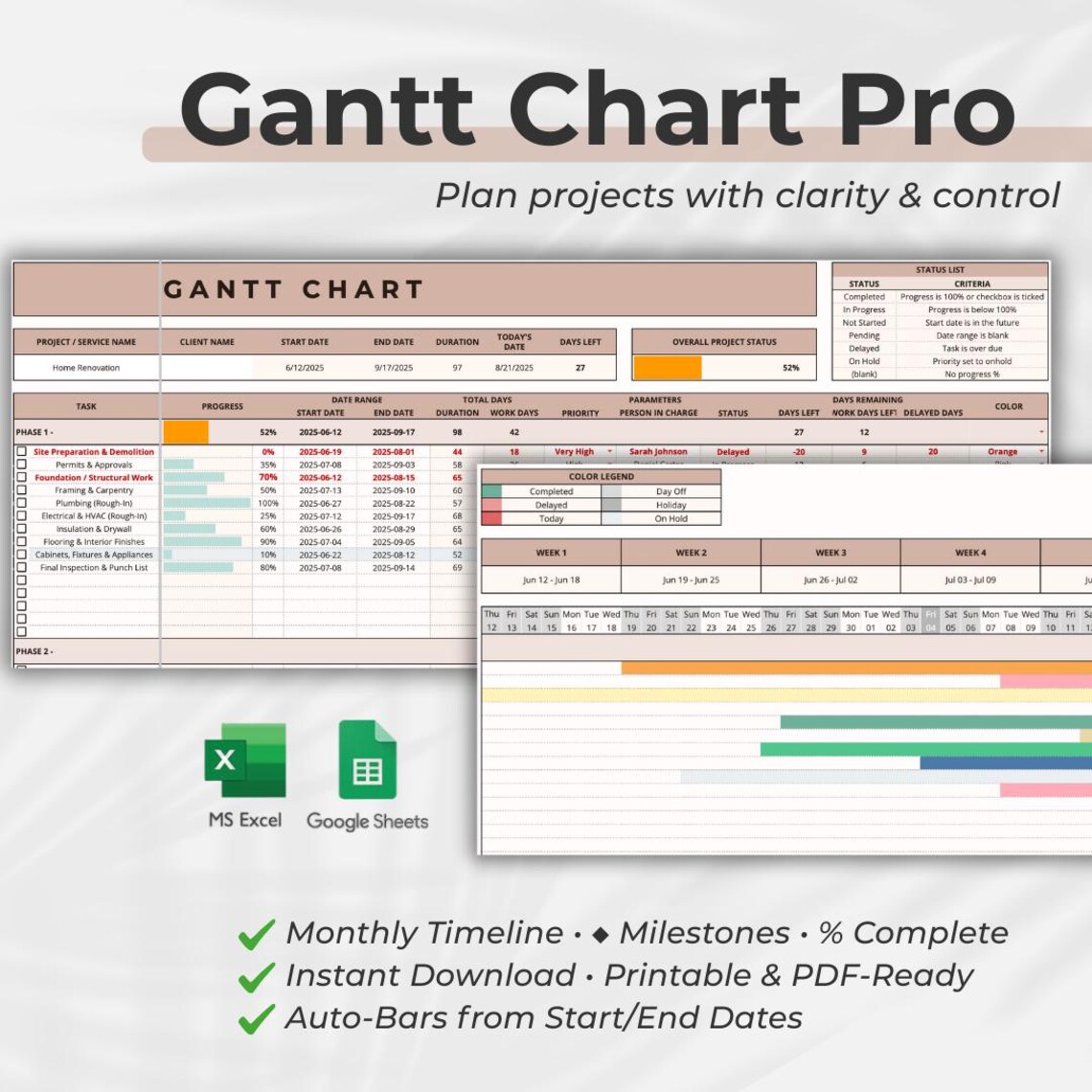 Gantt Chart Excel Template | Project Timeline Planner (digital Download ...