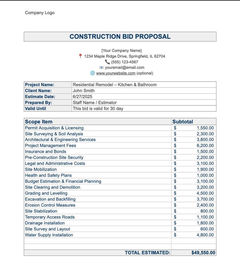 3-in-1 Construction Estimate Template | Excel Job Cost, Invoice & Quote Forms | Contractor ...