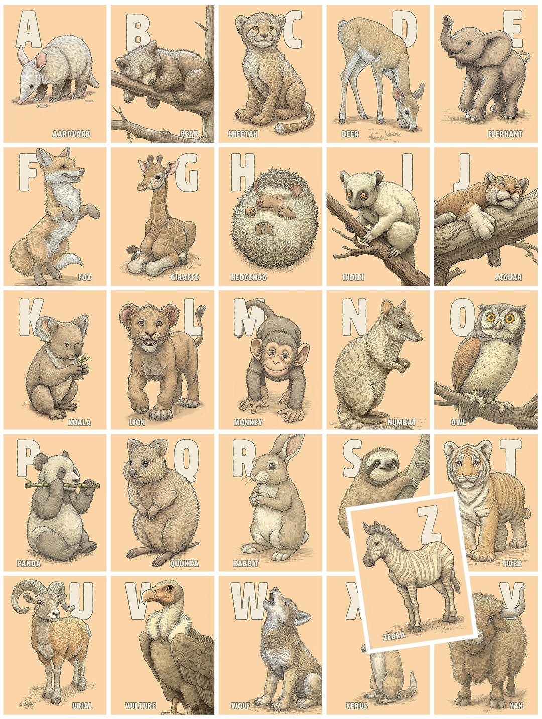 Baby Animals Alphabet A–Z – 26 Printable Nursery Wall Art Letters (4×6 ...