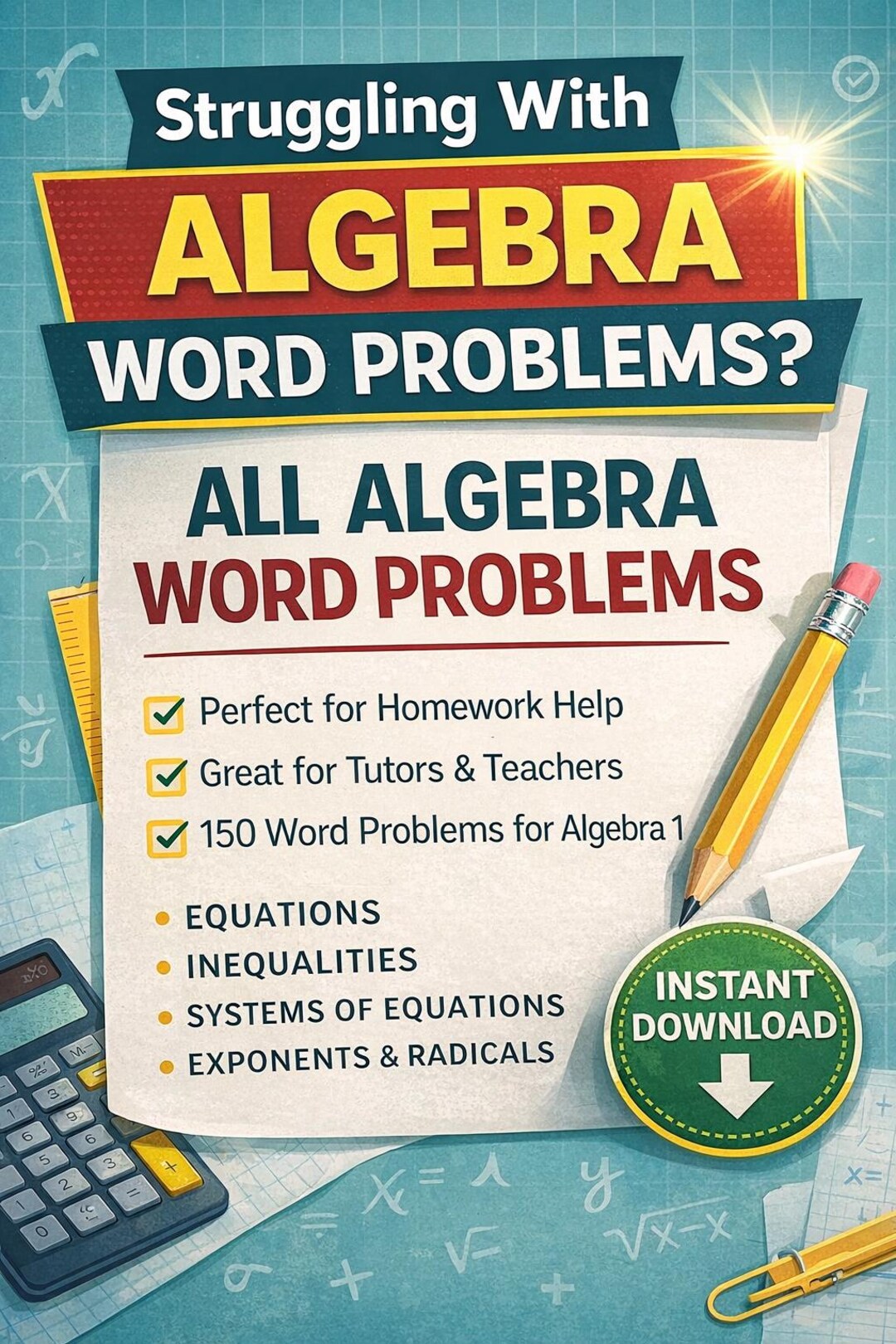 Printable Algebra Word Problems | High School Math Packet | 150 ...