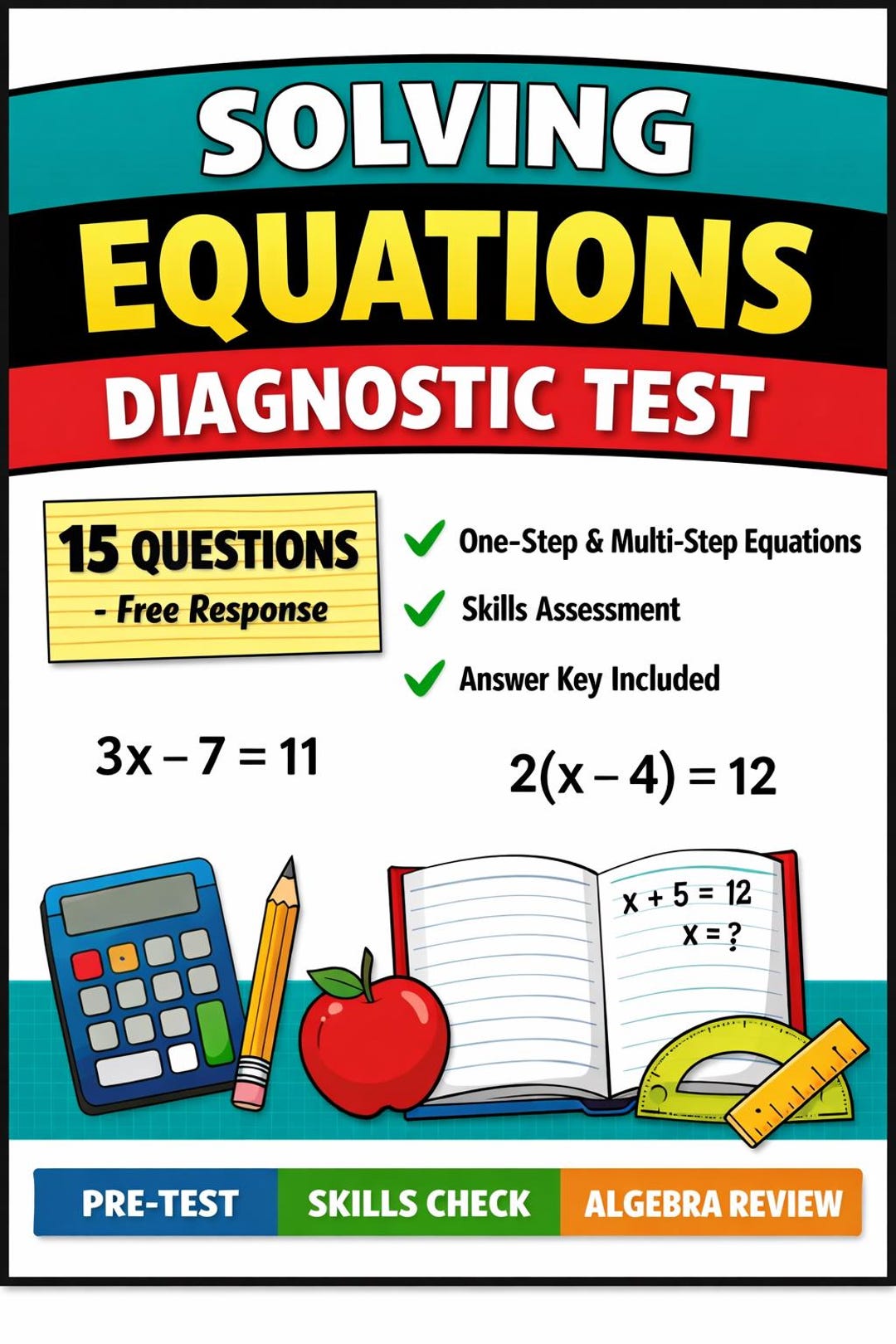 Solving Equations Diagnostic Test | Algebra 1 Pre-test | One Step ...