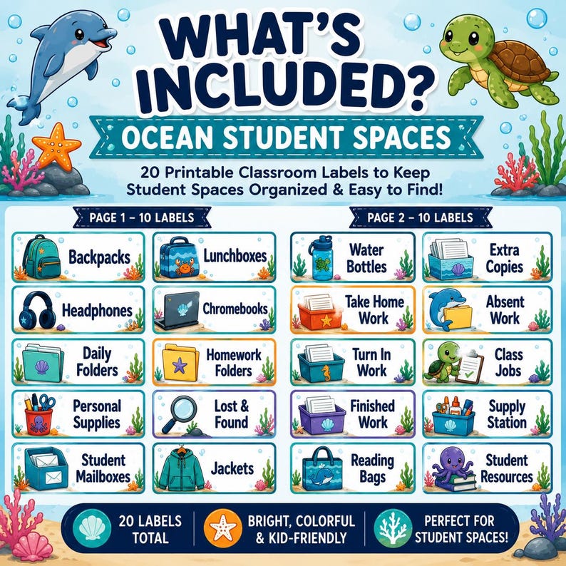 Ocean Student Space Labels: Printable Classroom Organization (digital ...