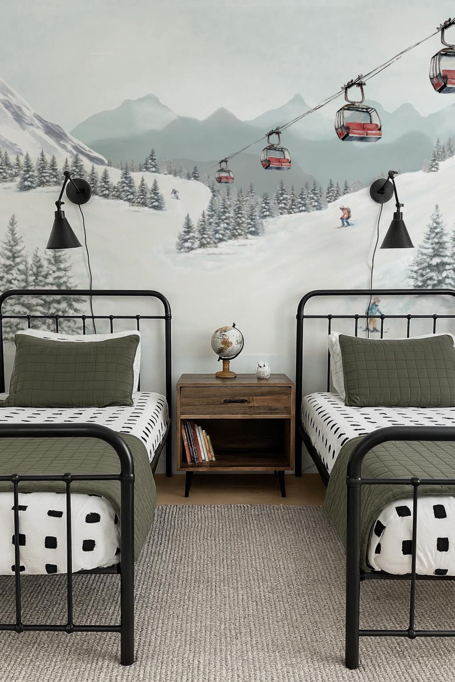 Alpine Ski Lift Wall Mural – Watercolor Mountain and Ski Resort Peel ...