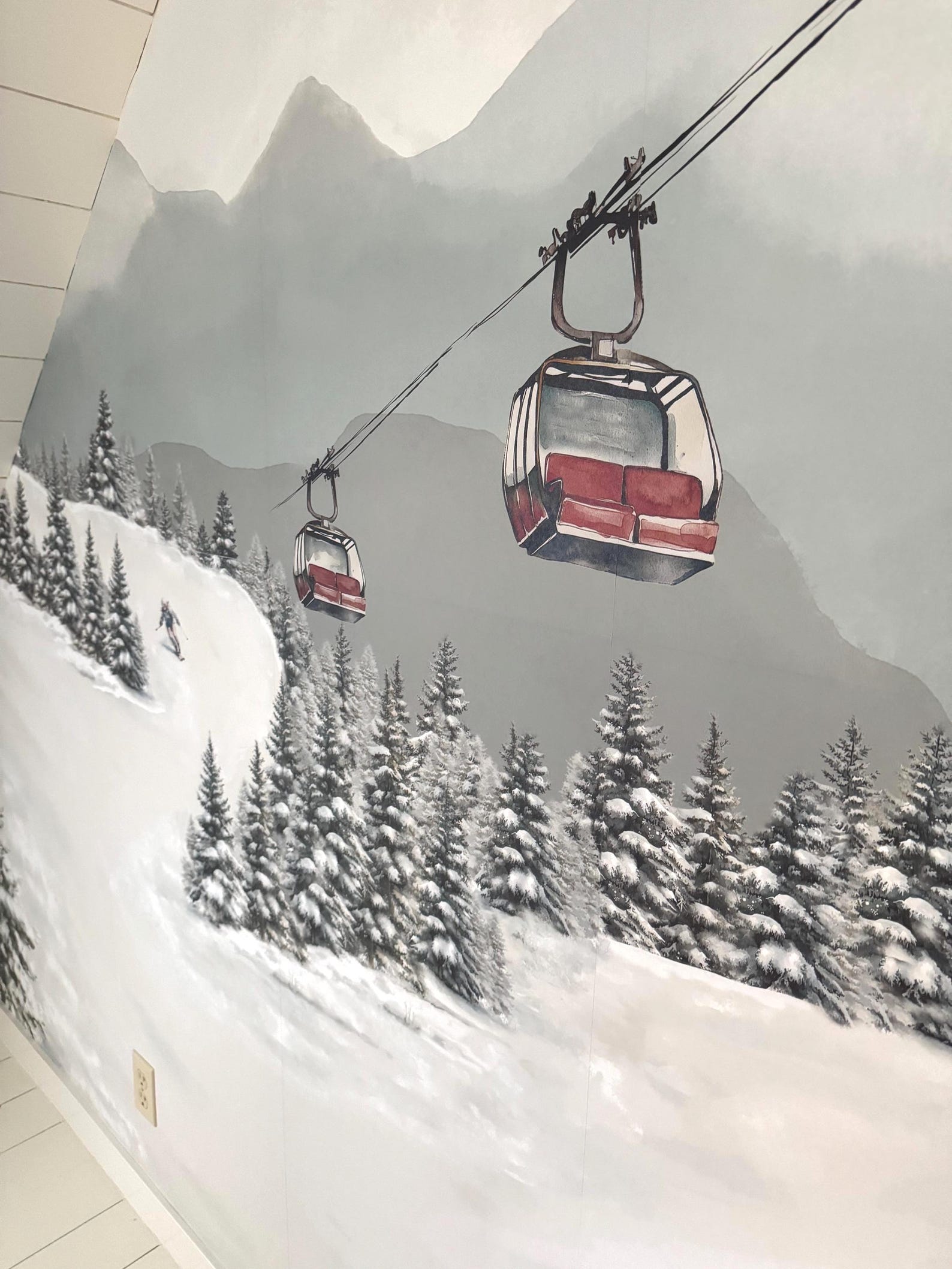 Alpine Ski Lift Wall Mural – Watercolor Mountain and Ski Resort Peel ...
