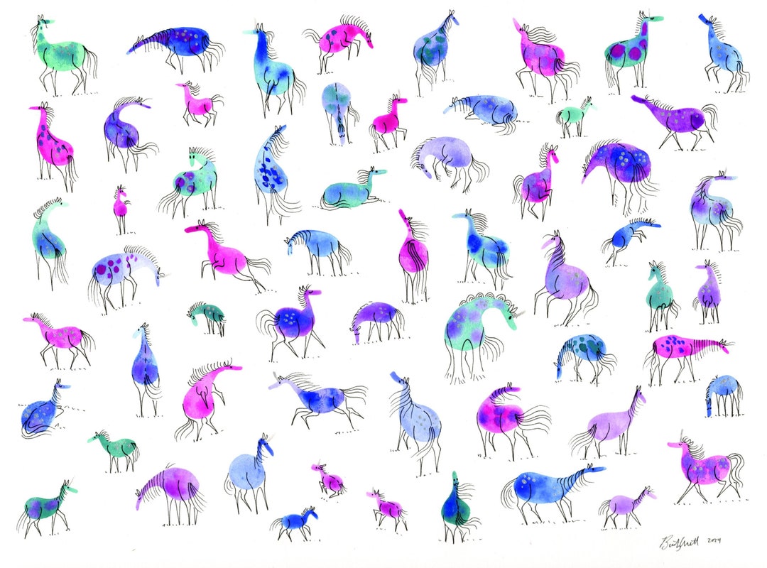 Hidden Unicorns Blob Horse Watercolor Painting Print - Etsy