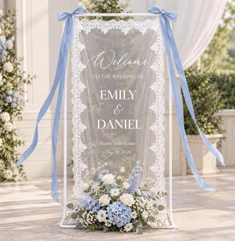 White Lace Wedding Welcome Sign, Personalized Sheer Tulle Wedding ...