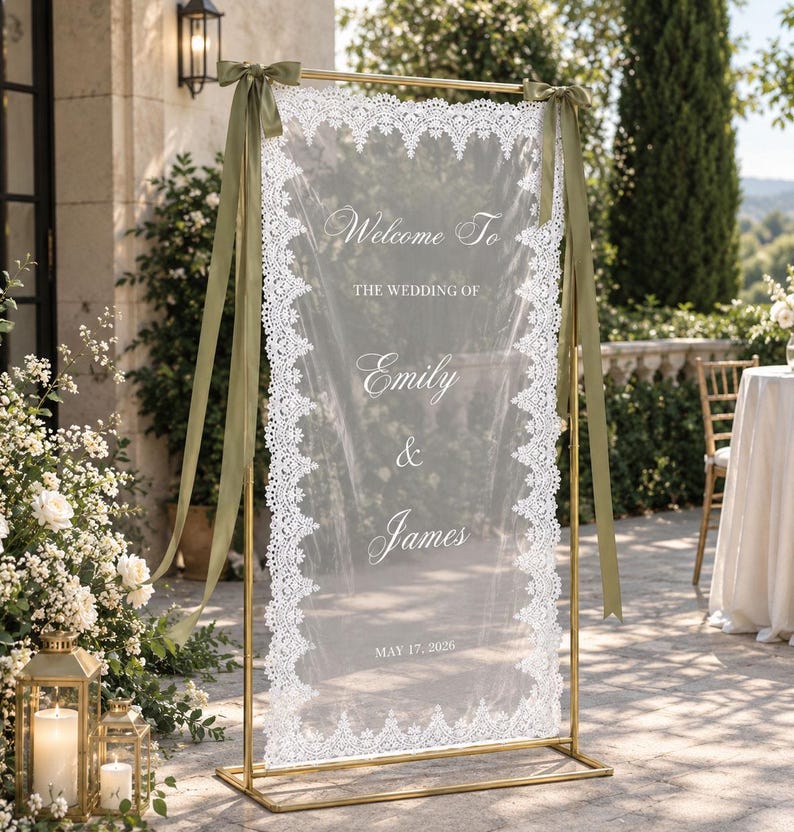 White Lace Wedding Welcome Sign, Personalized Sheer Tulle Wedding ...
