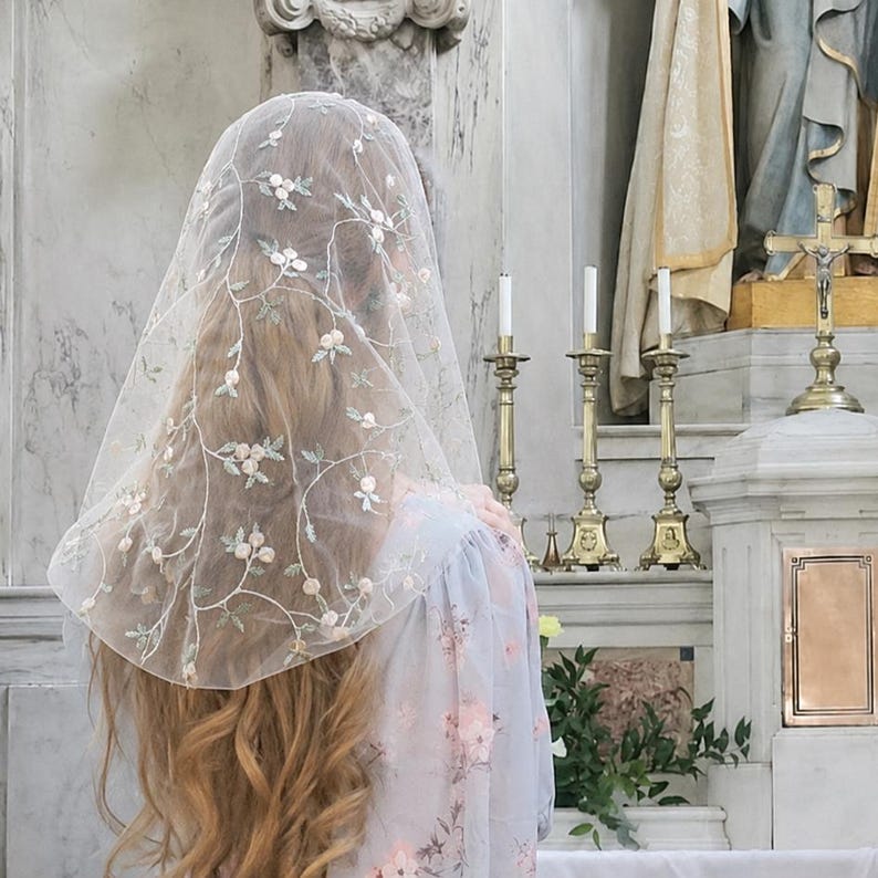 Floral Embroidered Chapel Veil, Catholic Mantilla Veil, Lace Church ...