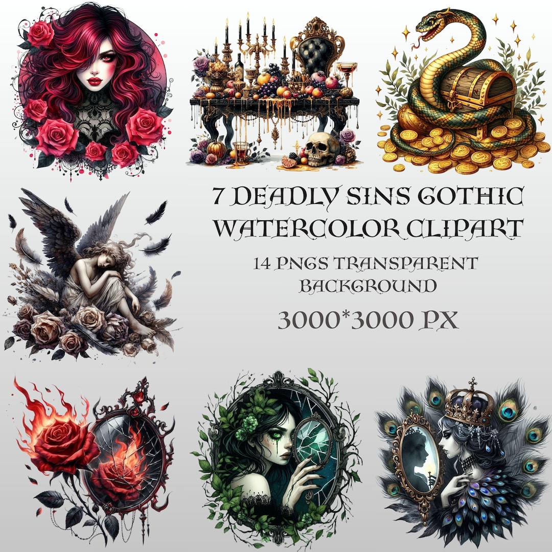 7 Deadly Sins Gothic Watercolor Clipart: Dark Fantasy PNG (digital ...
