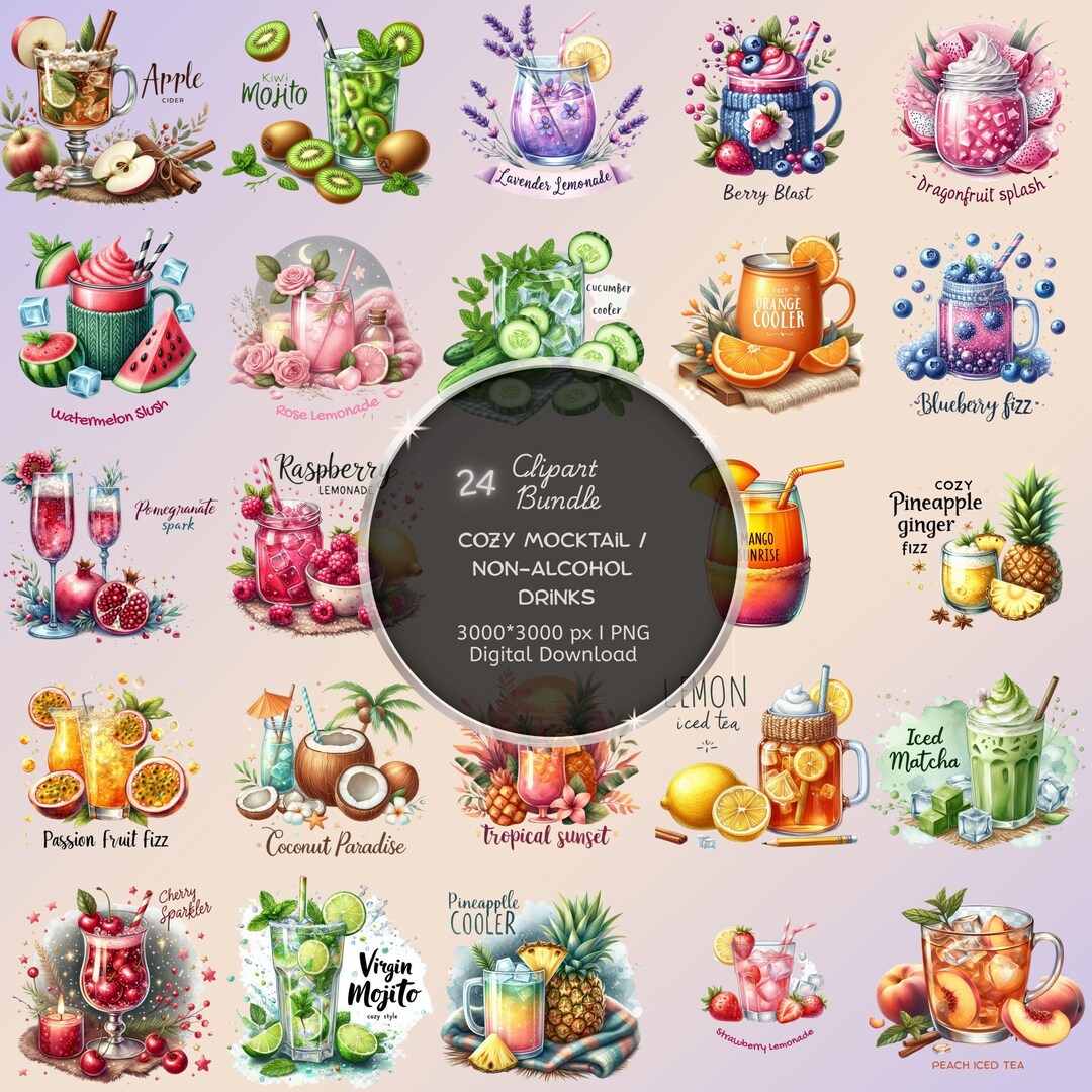 Watercolor Mocktail Clipart | Cute Chibi Non-alcohol Drinks Stickers ...