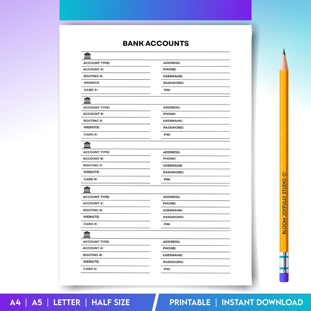 Bank Accounts Information PRINTABLE - Personal Finance Organizer ...