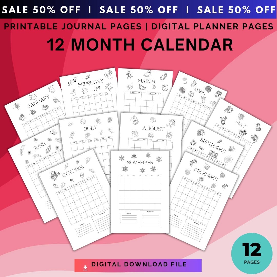 12 Month Calendar - Monthly Planner - Journal Calendar - PRINTABLE ...
