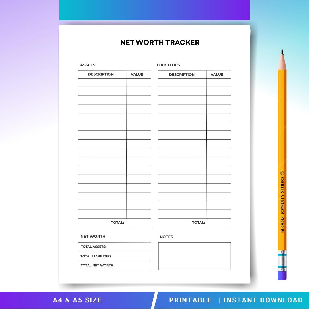 Net Worth Tracker PRINTABLE - Money Planner - Assets Liabilities Log ...