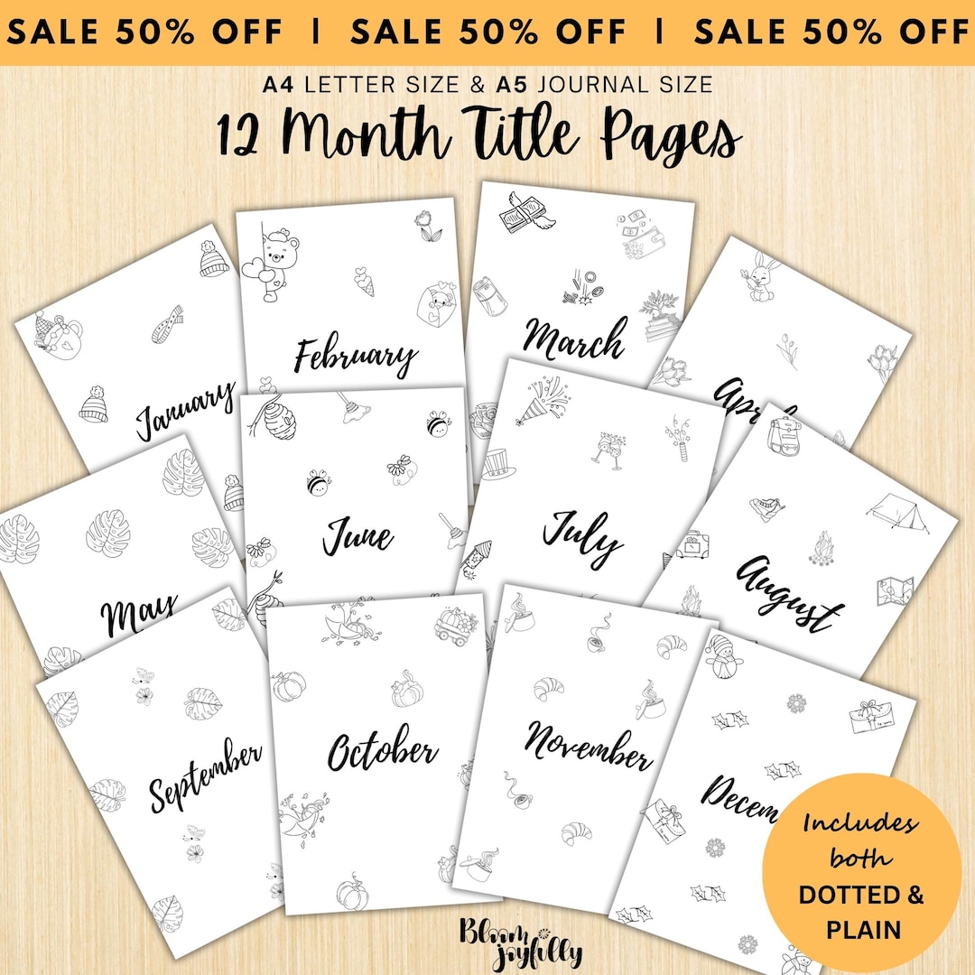 12 Month Title Page Bundle - Printable Monthly Planner Covers ...