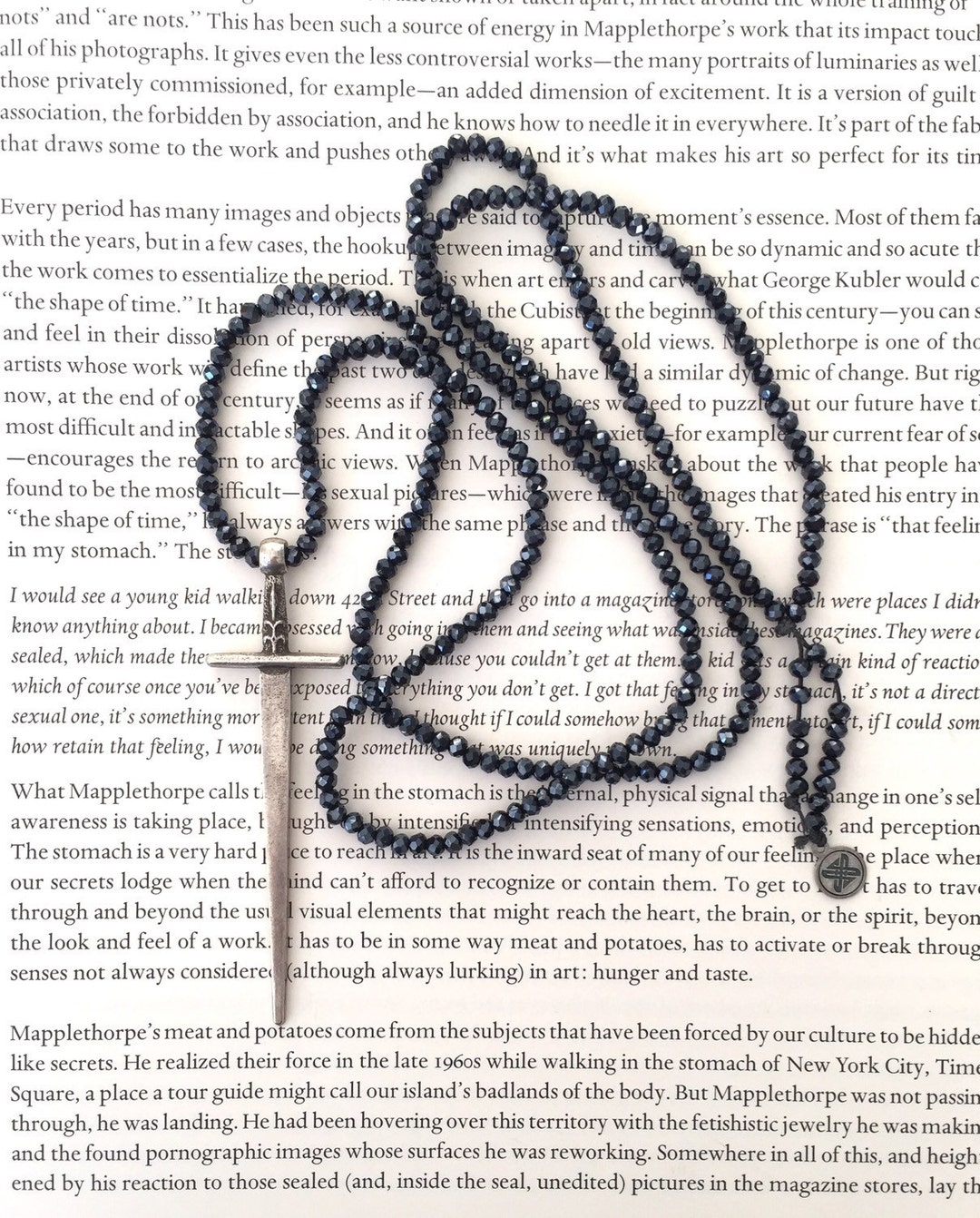 Silver Sword Necklace , Dark Blue Crystal Beads Long Mala Necklace ...