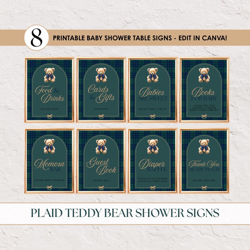 Classic Tartan Plaid Teddy Bear Baby Shower Signs Bundle | Editable ...