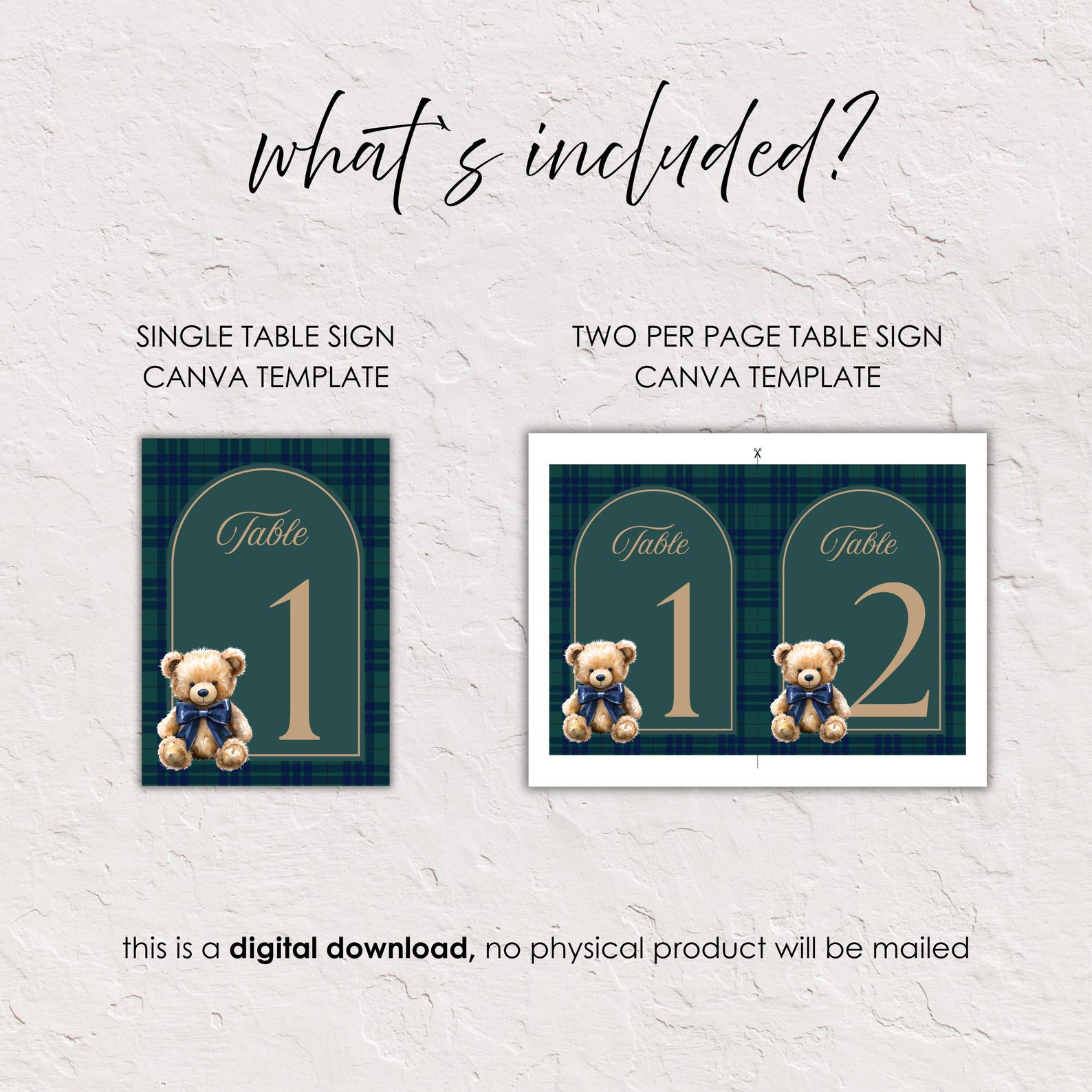 Plaid Teddy Bear Printable Table Number Sign | Editable Canva Template ...
