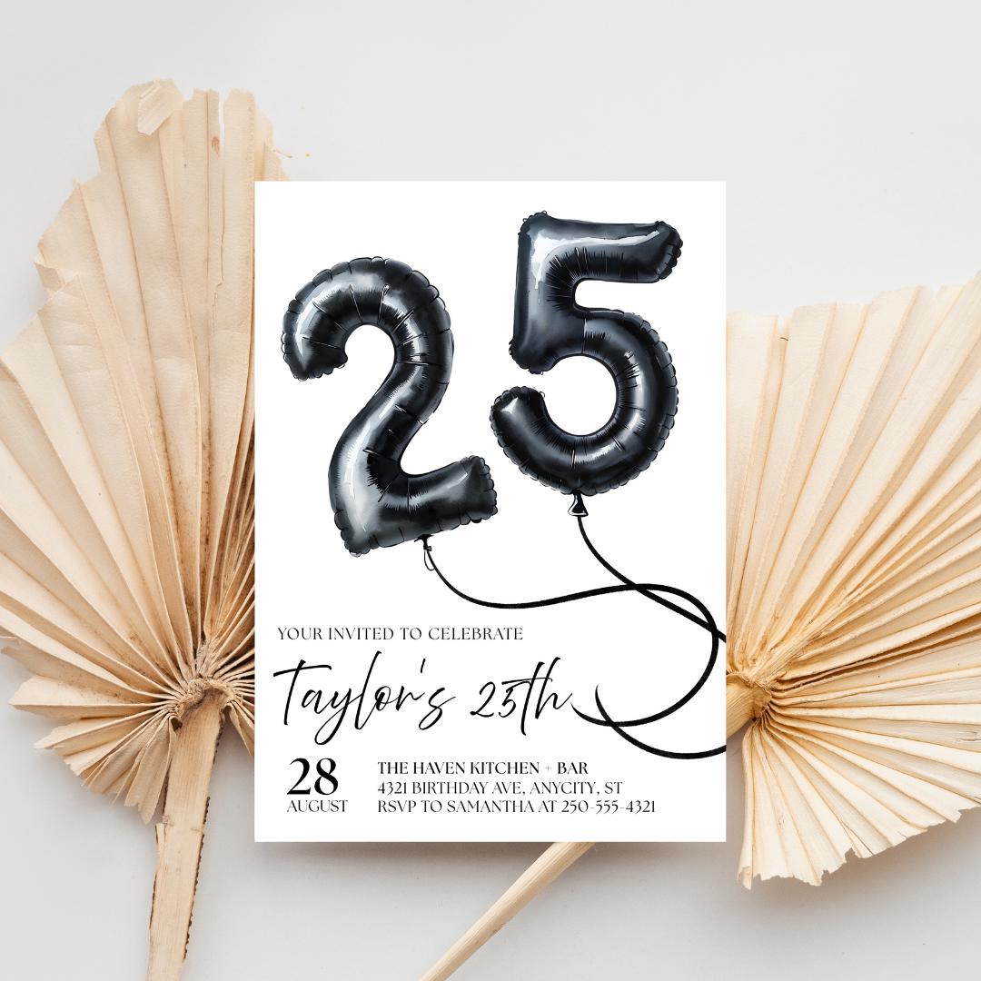 25th Birthday Invitation Template: Black Bow, Balloons (canva Editable ...