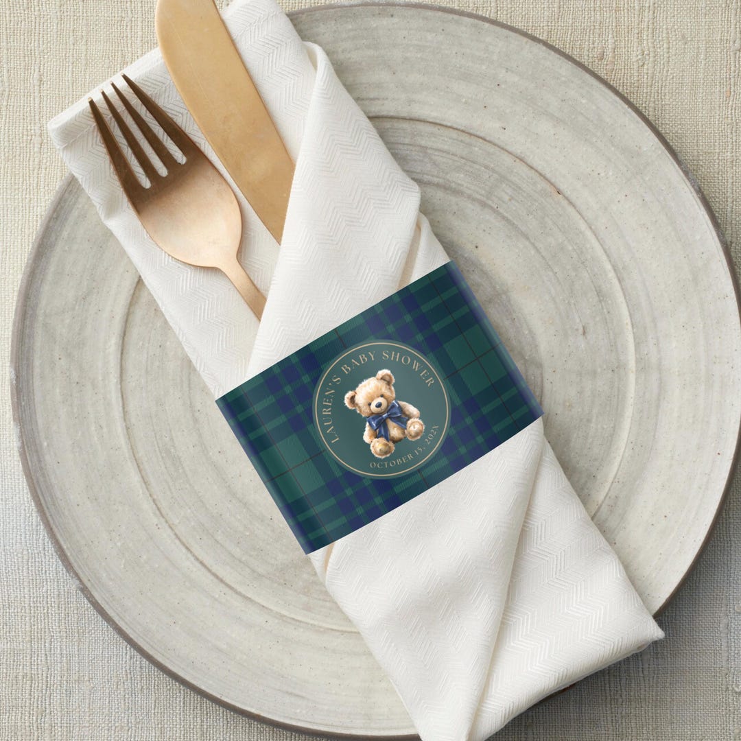 Plaid Teddy Bear Printable Napkin Wraps | Editable Canva Template ...