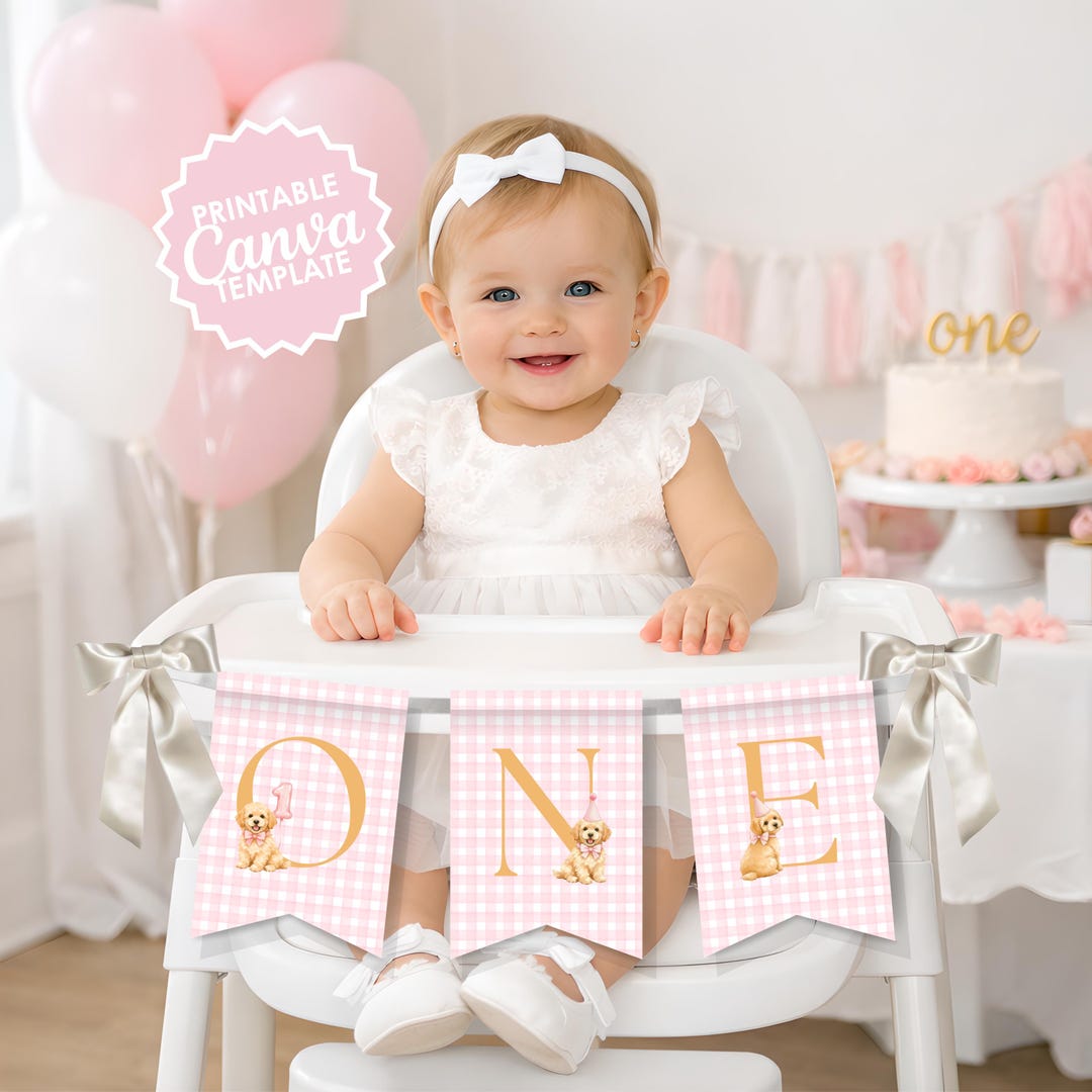 Gingham One Golden Year High Chair Banner | Editable Canva Template ...