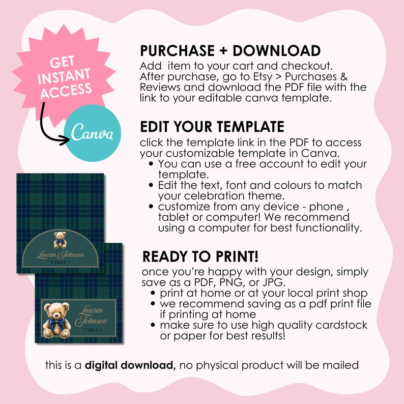 Plaid Teddy Bear Printable Place Cards | Editable Canva Template ...