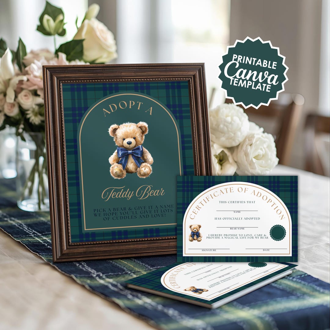 Plaid Adopt A Teddy Bear Birthday Activity Sign | Editable Canva ...