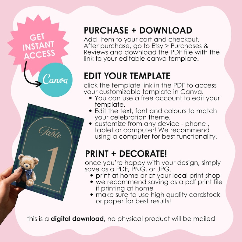 Plaid Teddy Bear Printable Table Number Sign | Editable Canva Template ...