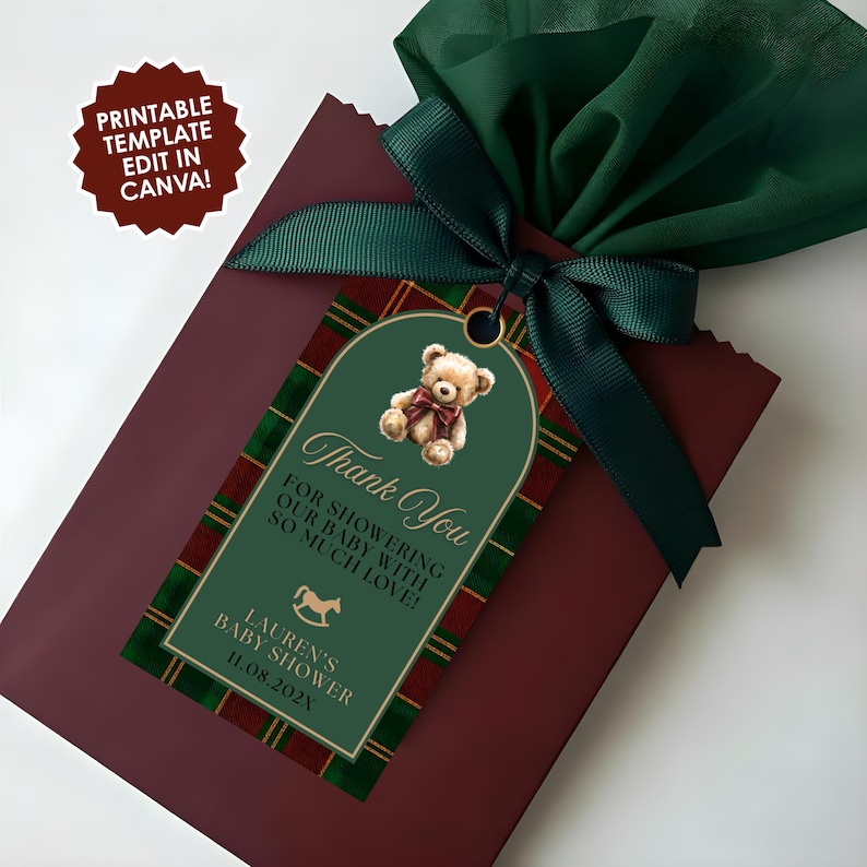 Christmas Plaid Teddy Bear Printable Favor Tags | Editable Canva ...