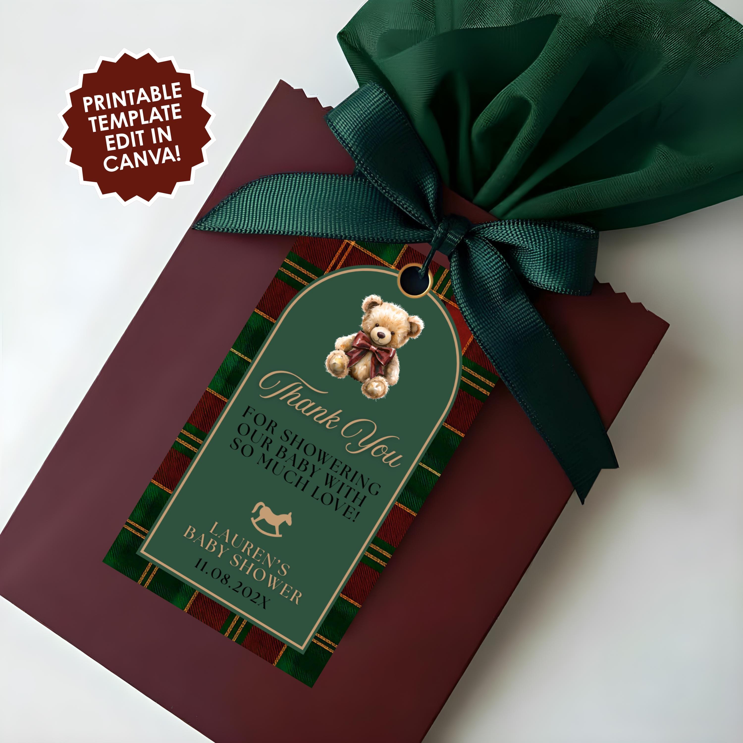 Christmas Plaid Teddy Bear Printable Favor Tags | Editable Canva ...