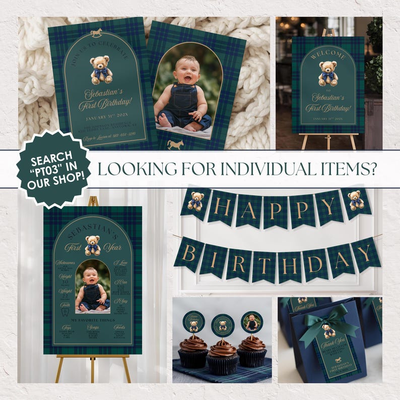 Tartan Plaid Teddy Bear First Birthday Complete Bundle | Editable Canva ...