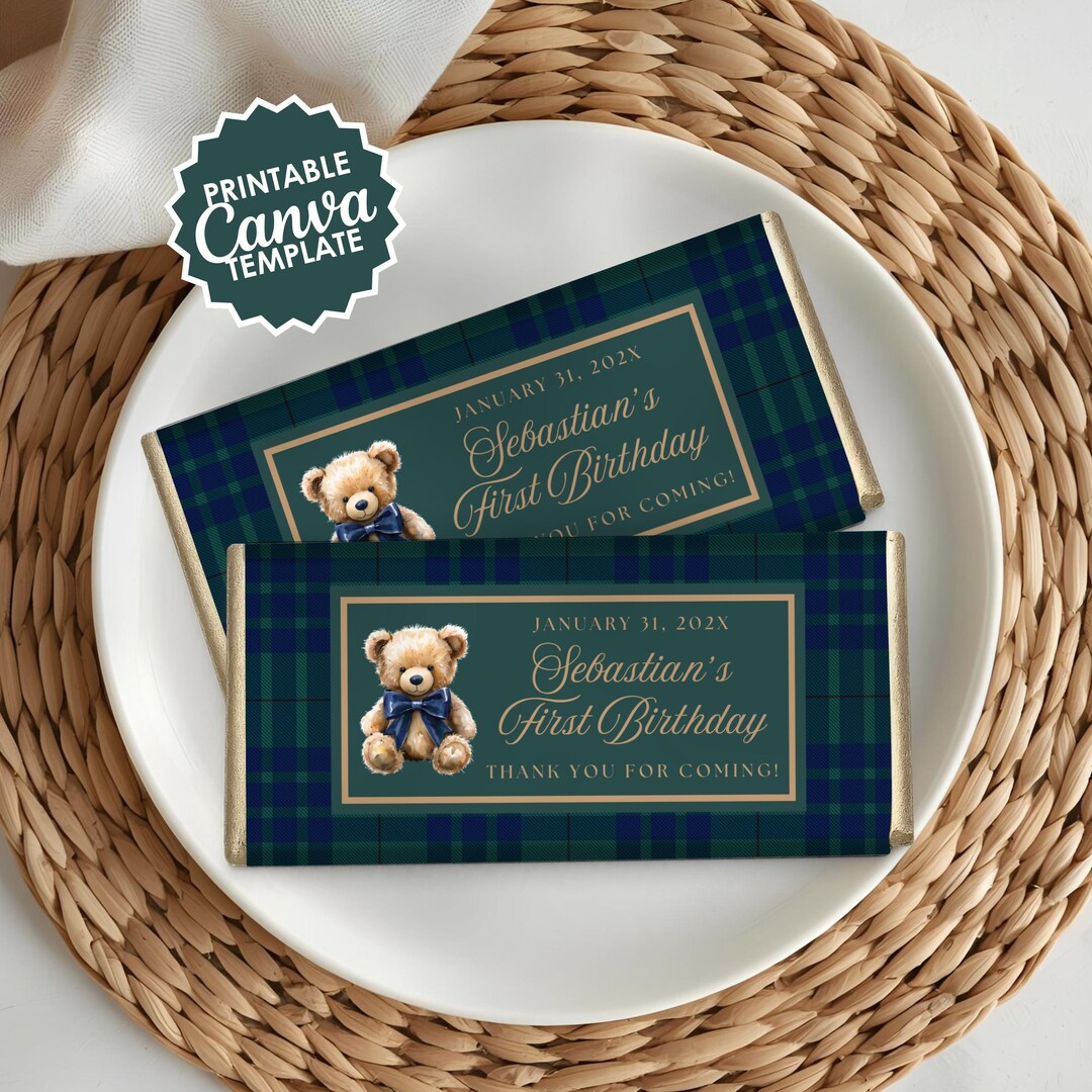 Plaid Teddy Bear Birthday Chocolate Bar Wrappers | Printable Canva ...