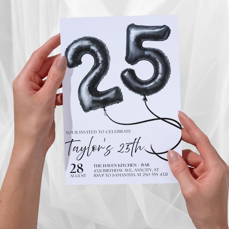 25th Birthday Invitation Template: Black Bow, Balloons (canva Editable ...