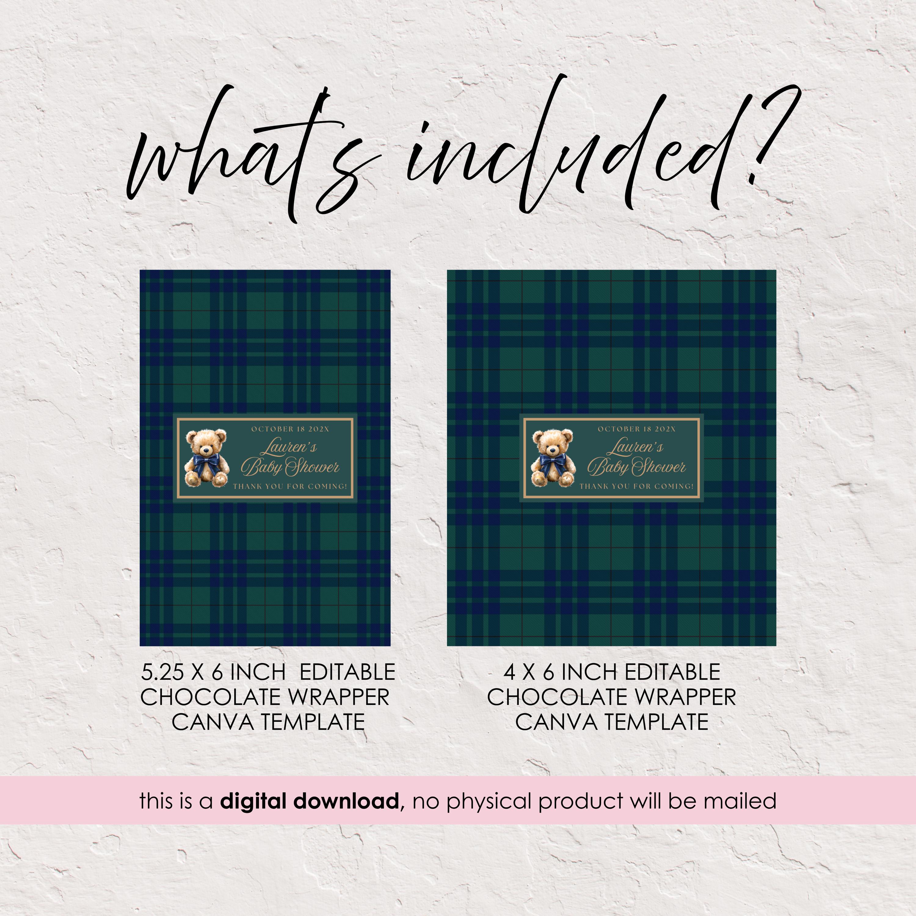 Plaid Teddy Bear Chocolate Bar Wrappers | Printable Canva Template ...