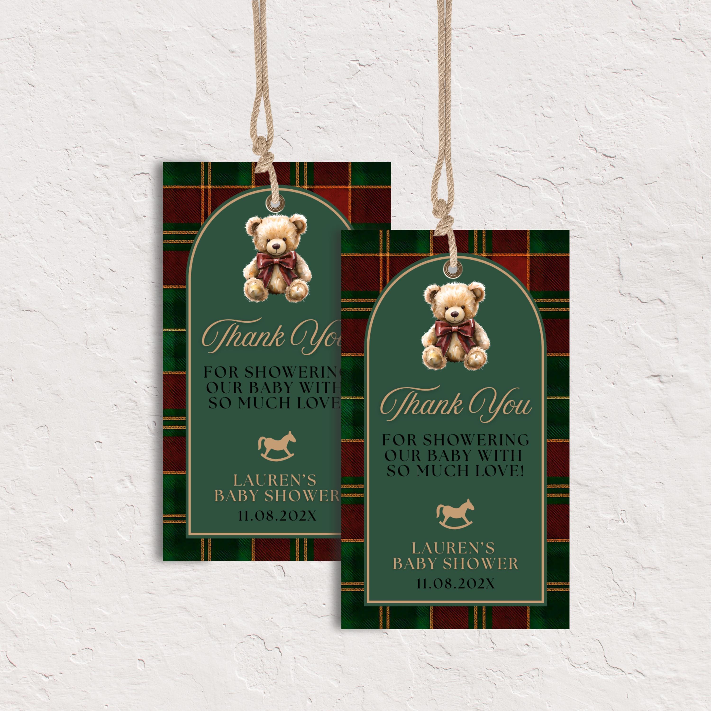 Christmas Plaid Teddy Bear Printable Favor Tags | Editable Canva ...