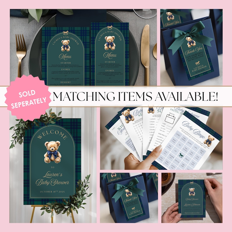 Plaid Teddy Bear Printable Place Cards | Editable Canva Template ...