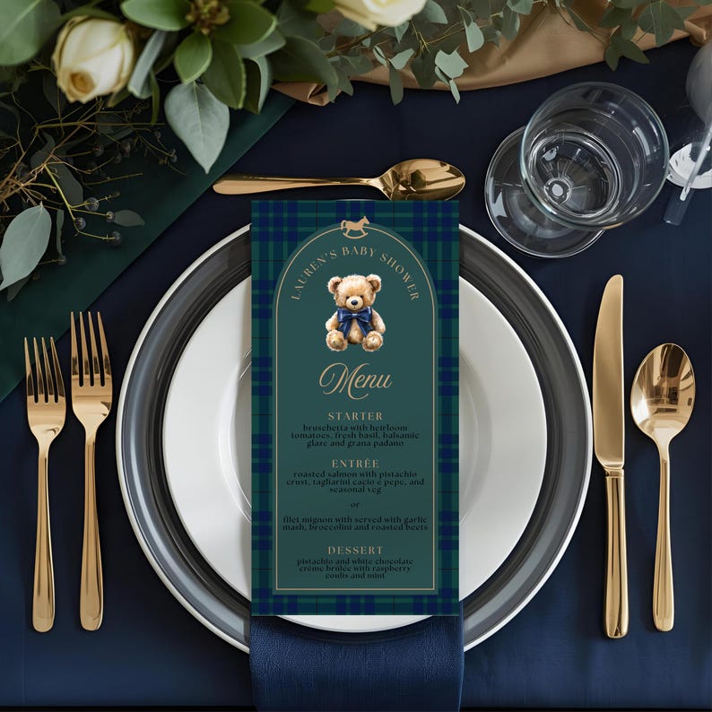 Plaid Teddy Bear Printable Menu Card | Editable Canva Template (digital ...