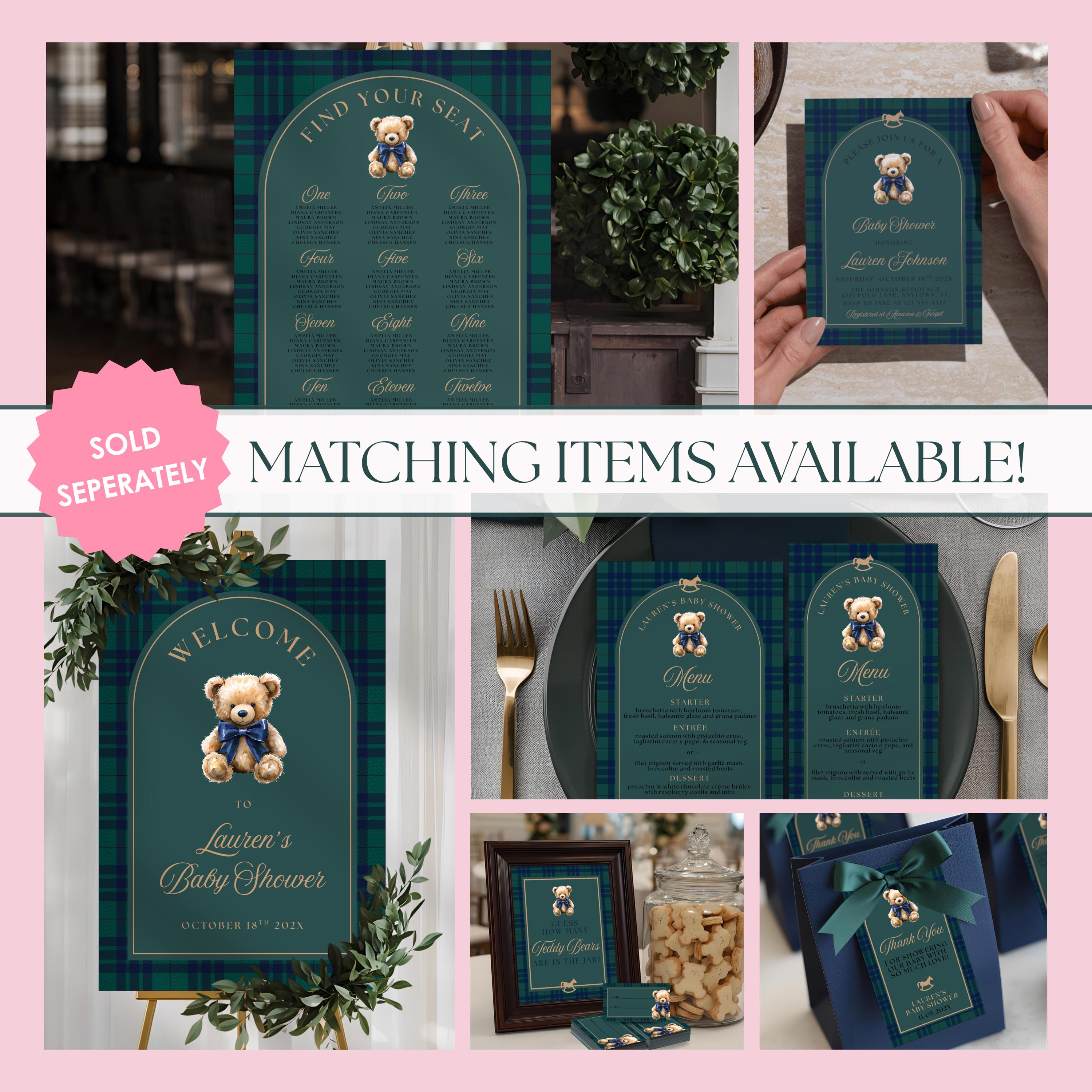 Plaid Teddy Bear Printable Table Number Sign | Editable Canva Template ...