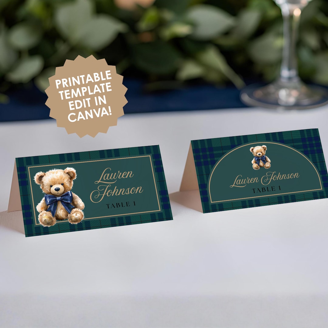 Plaid Teddy Bear Printable Place Cards | Editable Canva Template ...
