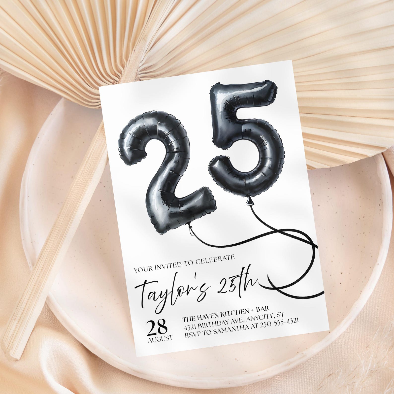 25th Birthday Invitation Template: Black Bow, Balloons (canva Editable ...