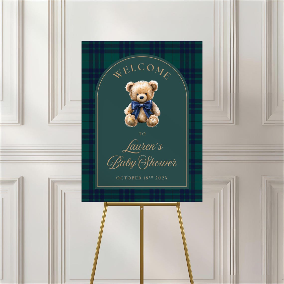 Preppy Plaid Teddy Bear Baby Shower Welcome Sign | Editable Canva ...