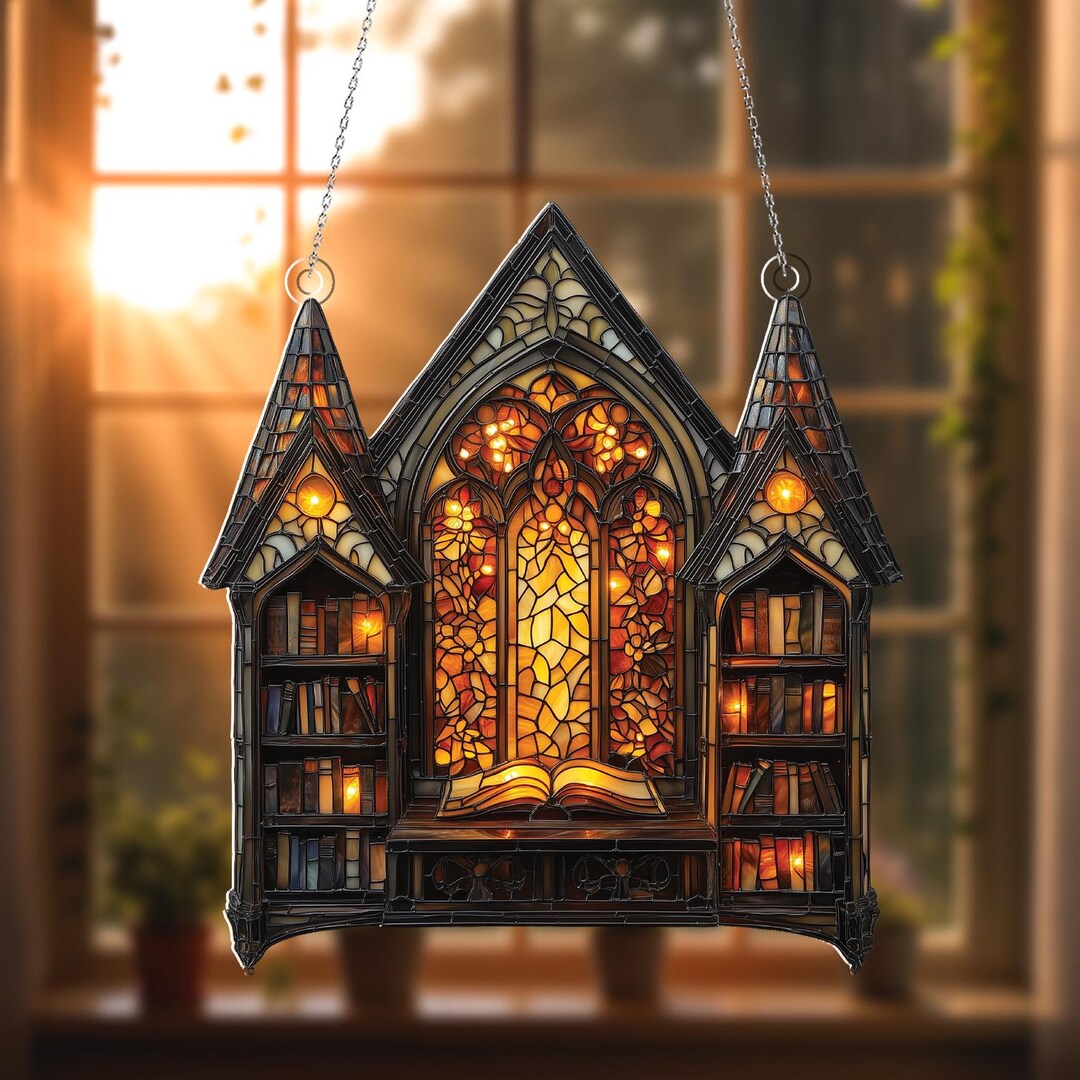 Gothic Book Nook Suncatcher: Acrylic Broken Glass Window Ornament - Etsy