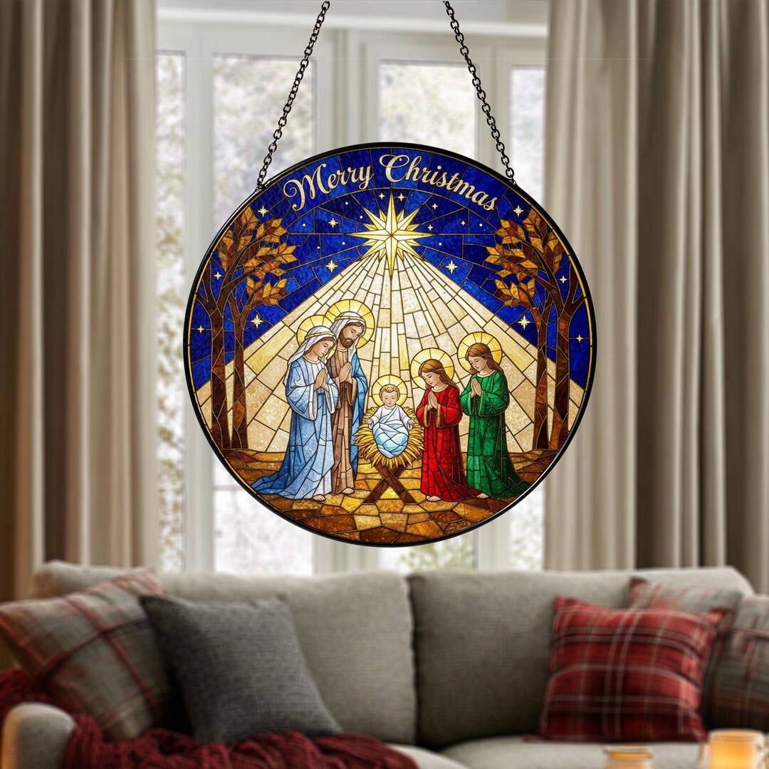 Nativity Christmas GLASS Suncatcher, Holy Family Window Hanging Decor ...