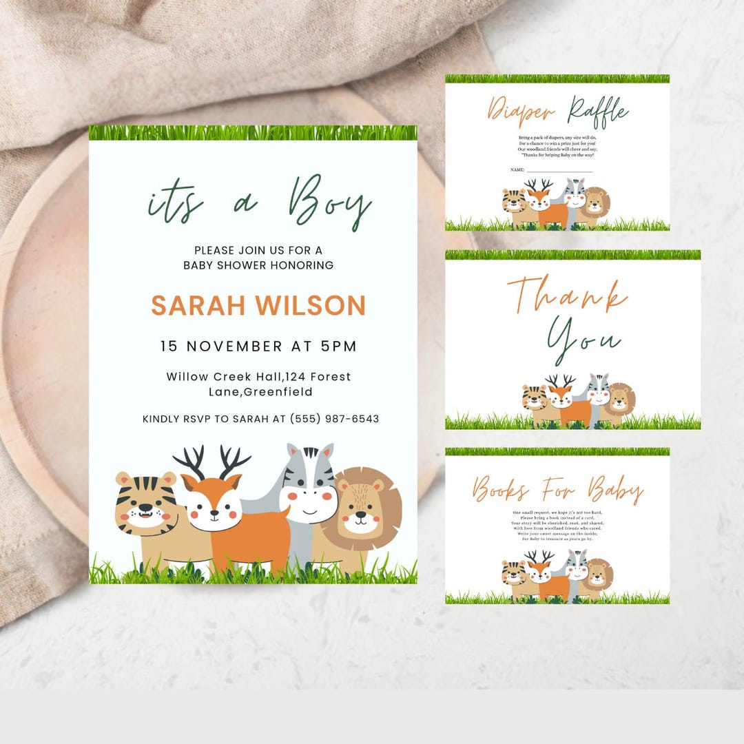 Editable Its A Boy Baby Shower Invitation Bundle, Woodland Animals Baby ...