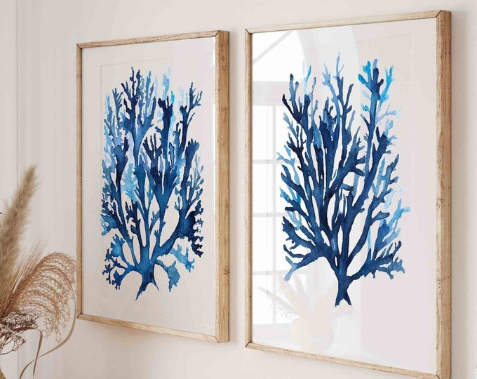 Navy Blue Coral Seaweed Wall Art Set of 3 Prints, Minimalist Watercolor ...