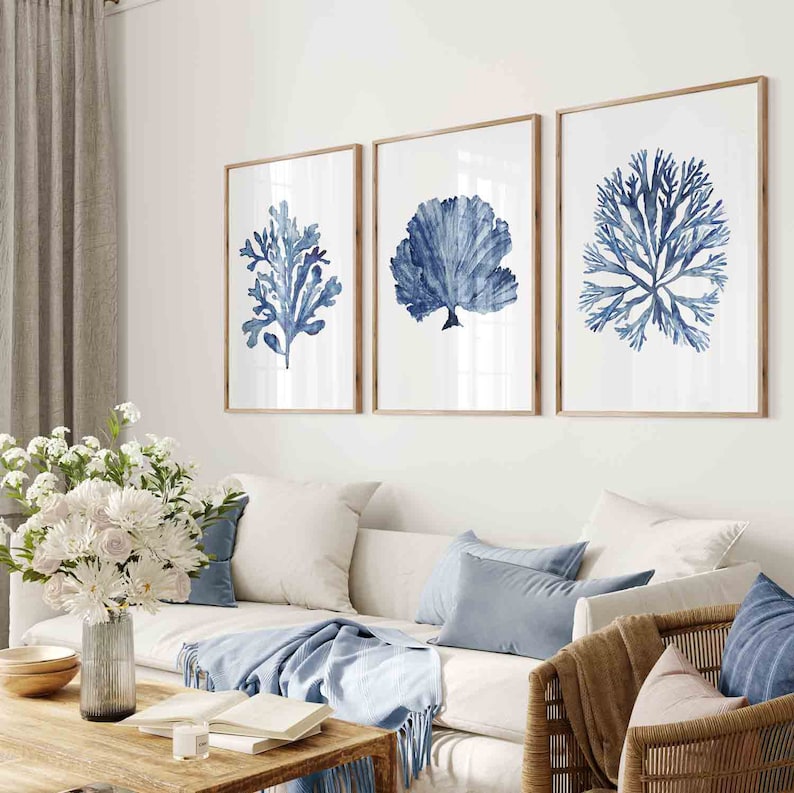 Navy Blue Coral Seaweed Wall Art Set of 3 Prints, Minimalist Watercolor ...