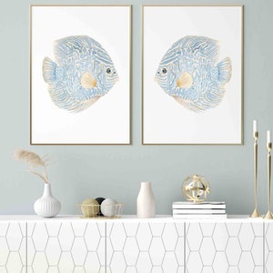Blue Abstract Fish Watercolor Wall Art Set of 2 Prints Discus Fish ...