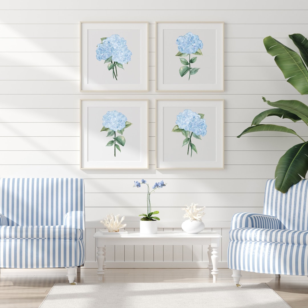 Set of 4 Pale Blue Hydrangea Prints Minimalist Botanical Wall - Etsy